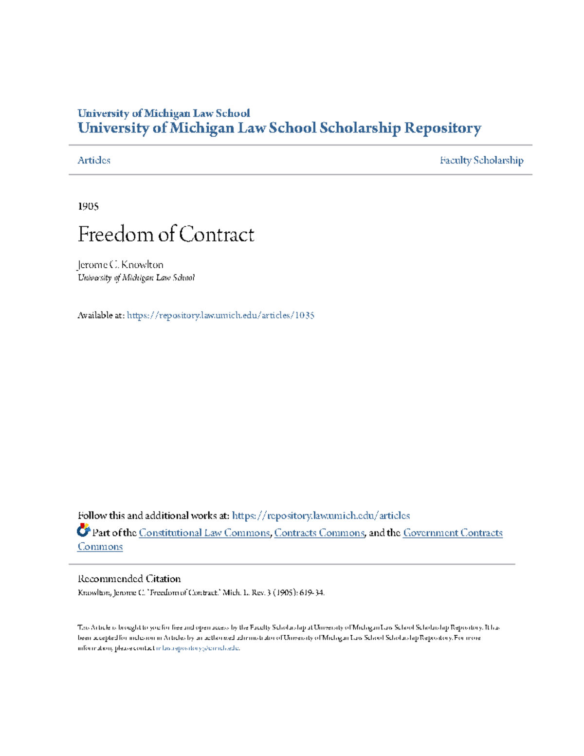 Freedom of Contract,Types of Contracts - University of Michigan Law ...