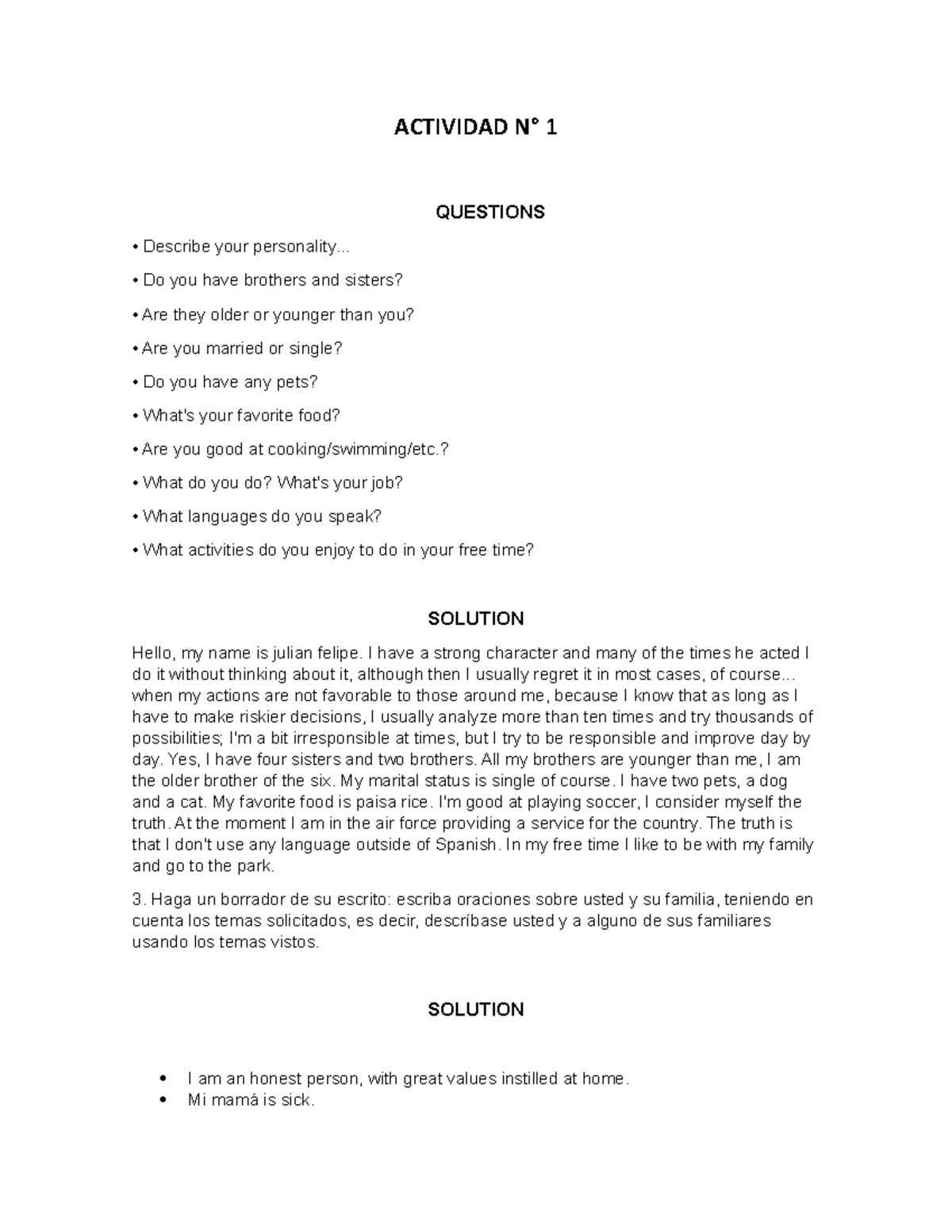 Actividad 1.2- 12 - ACTIVIDAD N° 1 QUESTIONS Describe your personality ...