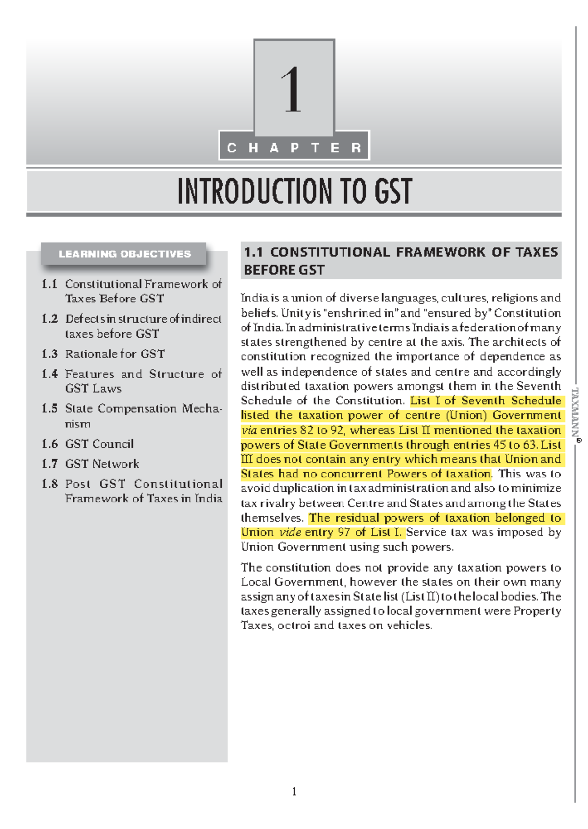 Principles of GST and custom law - TAXMANN ® 1 CONSTITUTIONAL FRAMEWORK ...