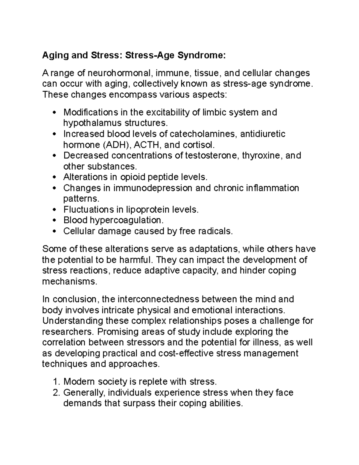 Aging and Stress - Notes - Aging and Stress: Stress-Age Syndrome: A ...