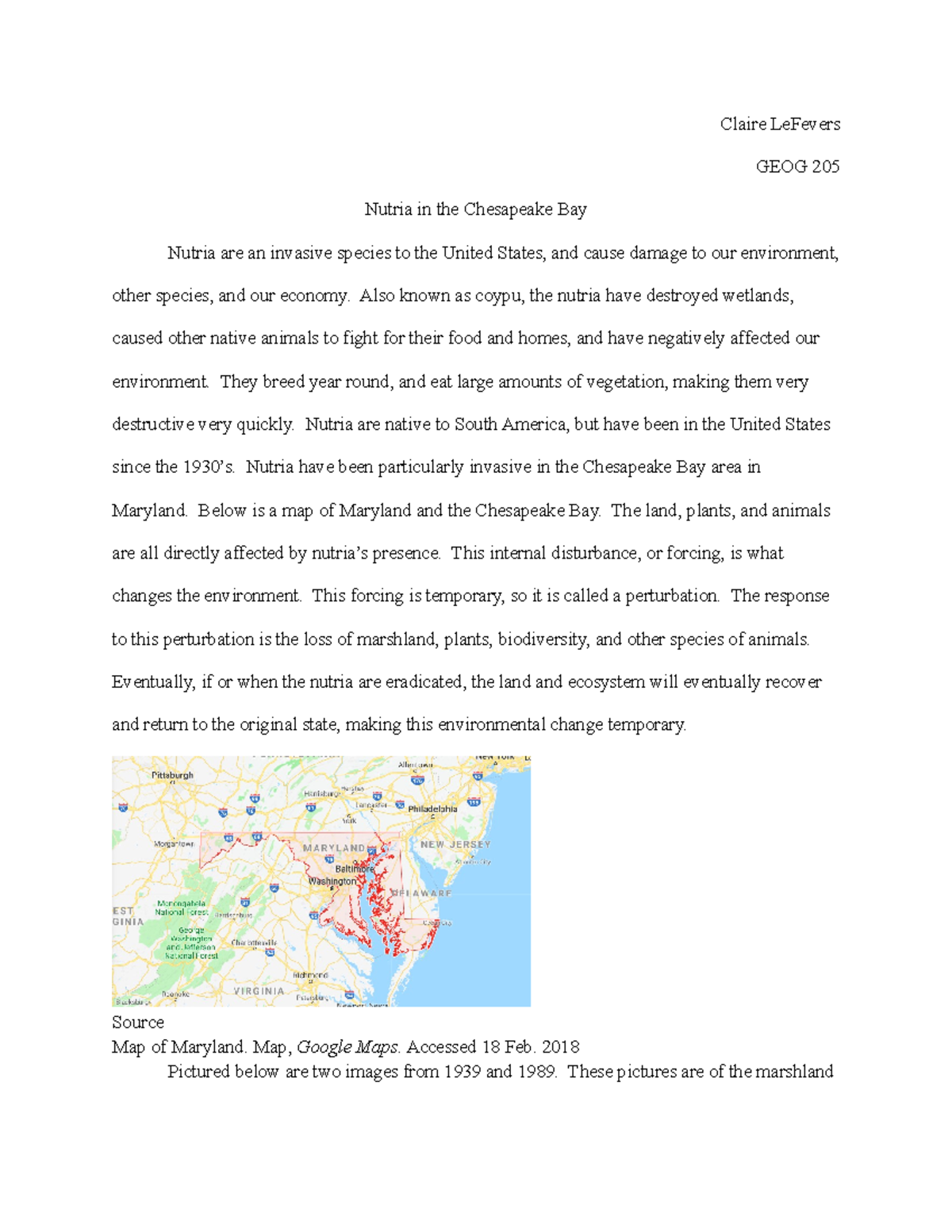 Geog 205 project paper - Claire LeFevers GEOG 205 Nutria in the ...