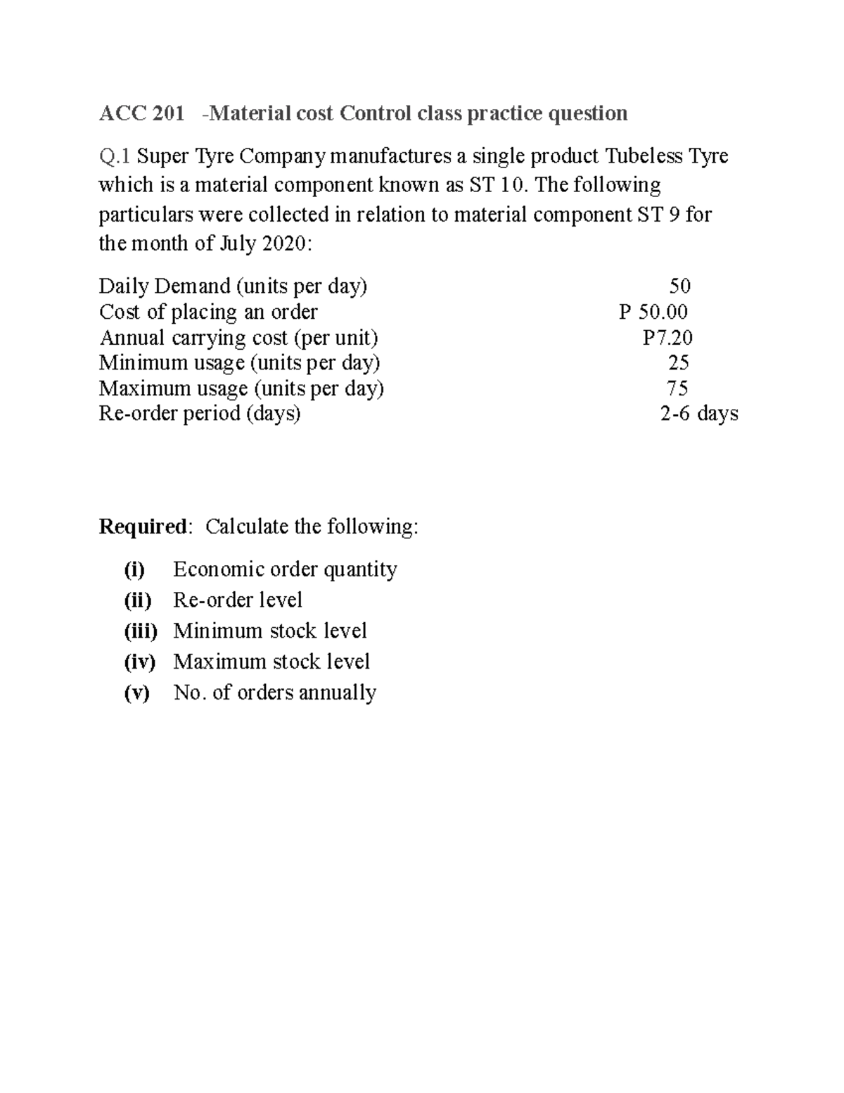 ACC 201 Practice question Material cost control - ACC 201 -Material ...