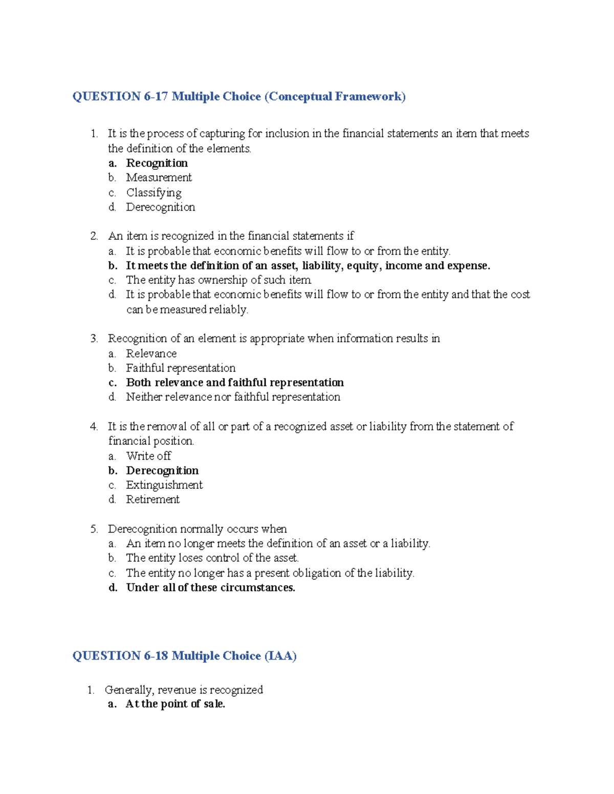 Test bank on conceptual framework - QUESTION 6-17 Multiple Choice ...