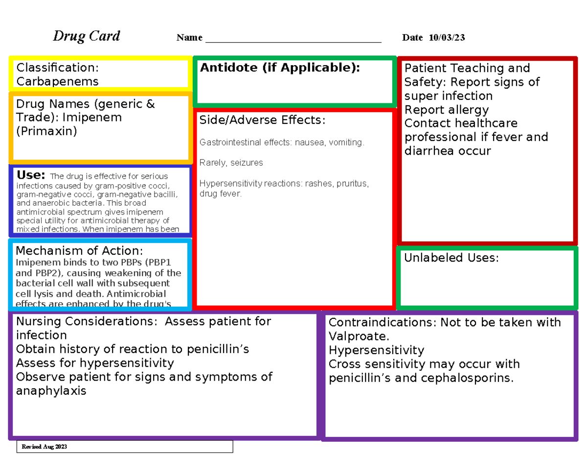 Carbapenems - drug card - Drug Card Name ...