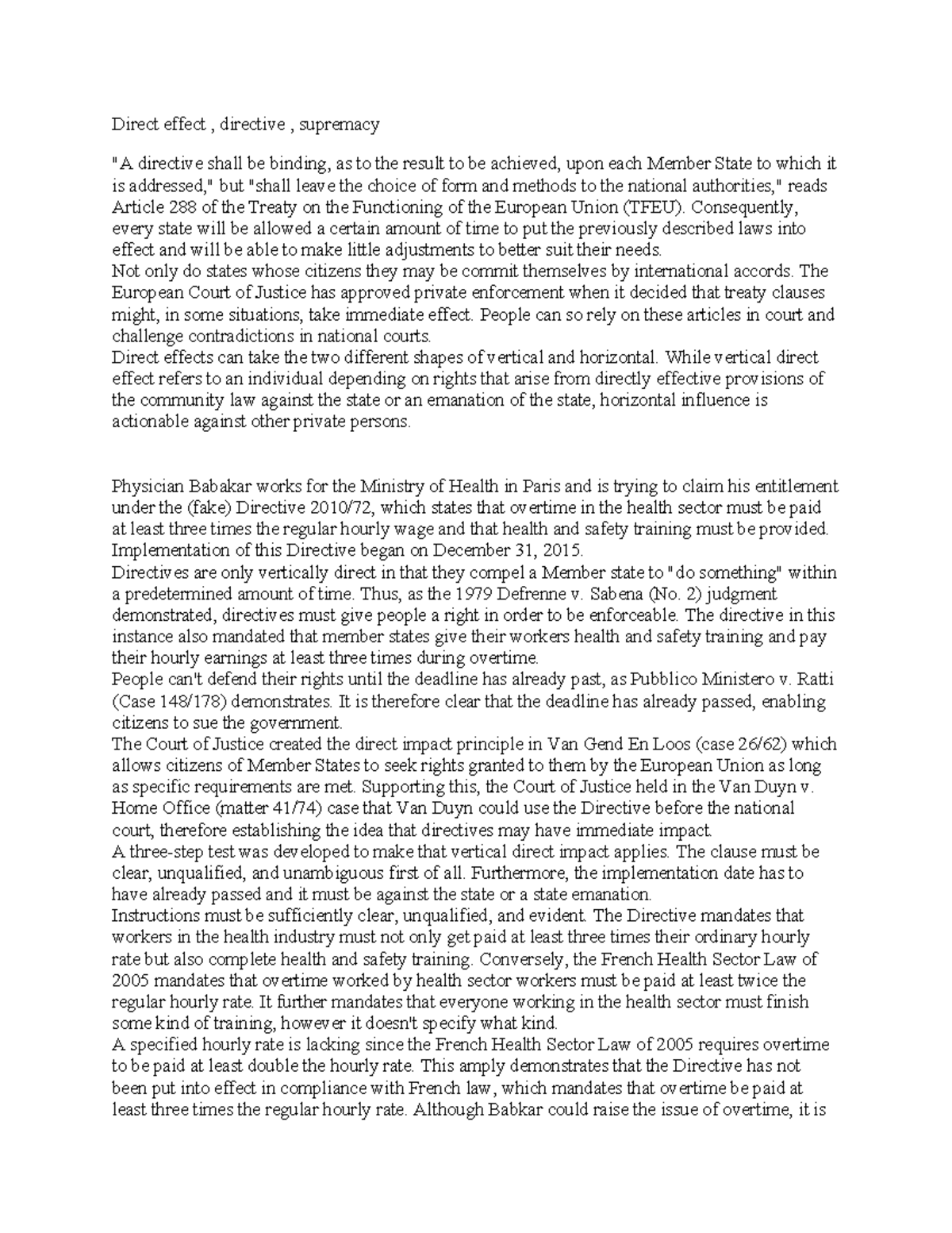 Direct effect directive , supremacy Rephrased - Direct effect ...