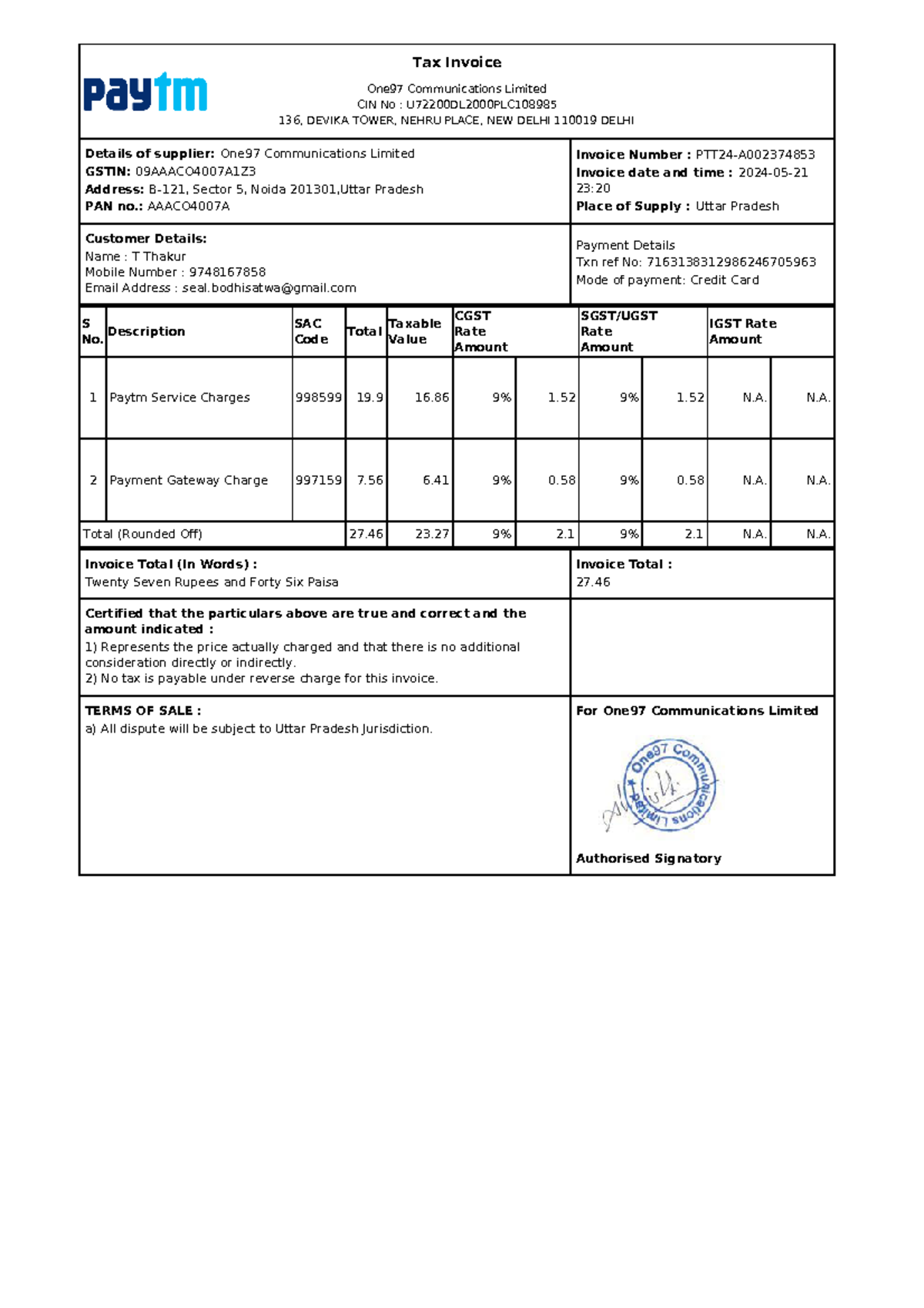 Tax Invoice - PTT24-A002374853 - Details of supplier: One97 ...