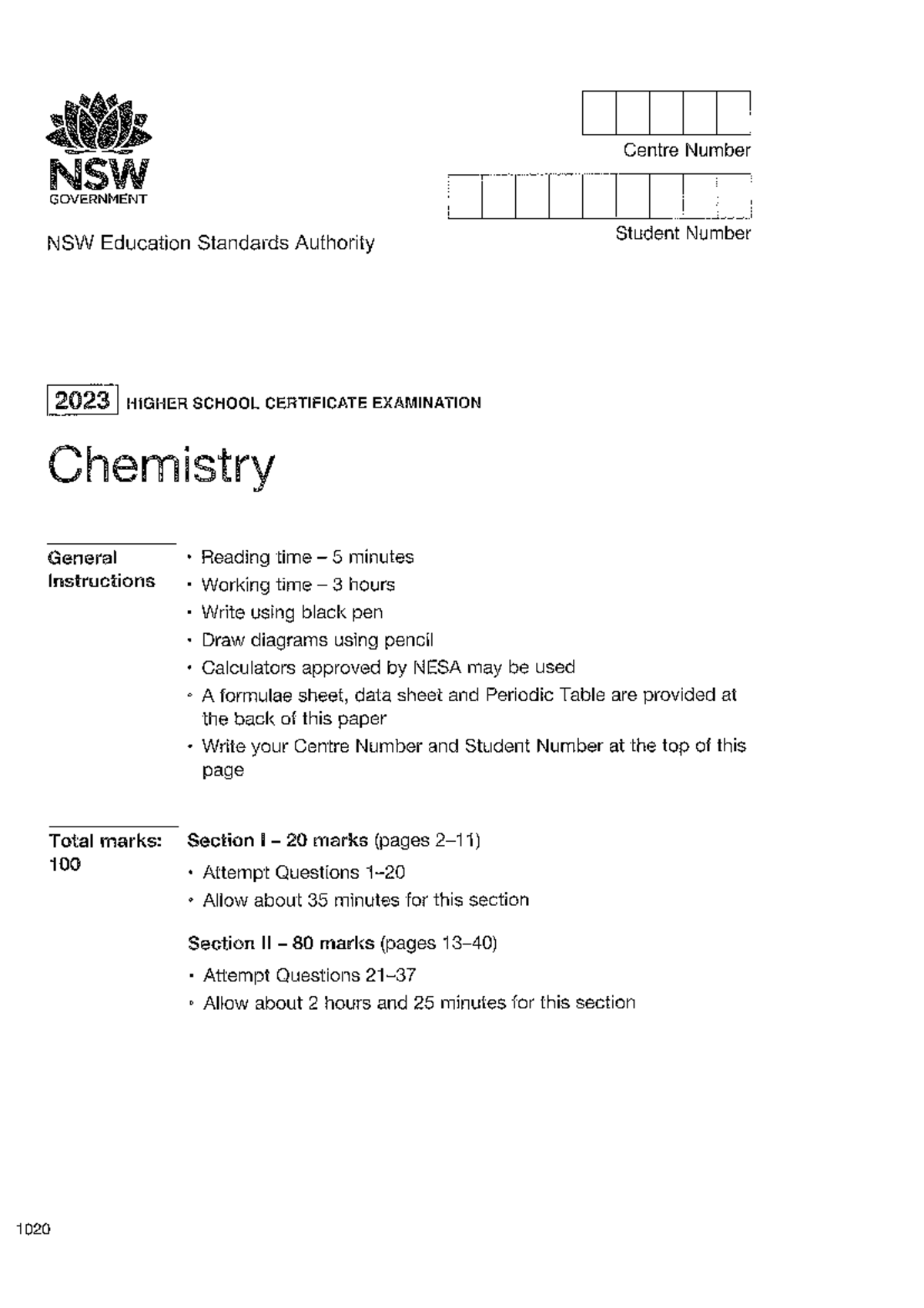 HSC Chemistry 2023 - HSC paper 2023 - Centre Number NSW GOVERNMENT ...