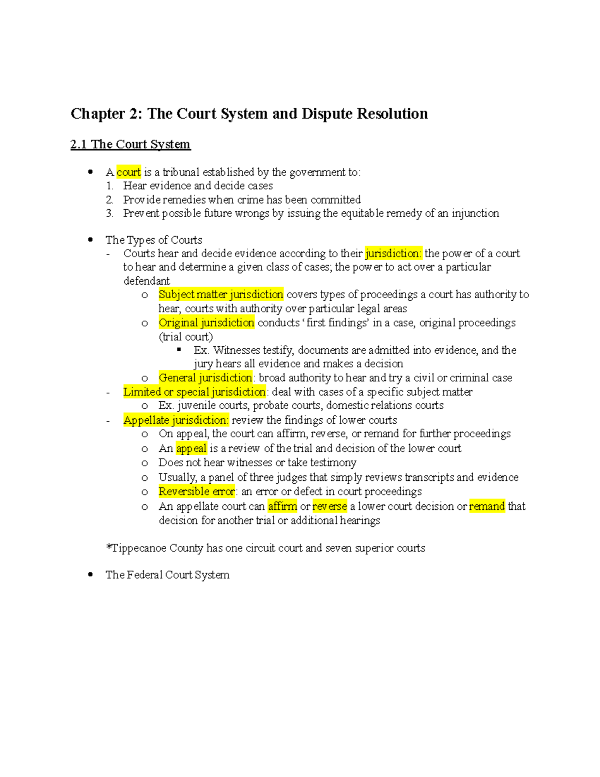 MGMT 455- Chapter 2 - Chapter 2: The Court System and Dispute ...