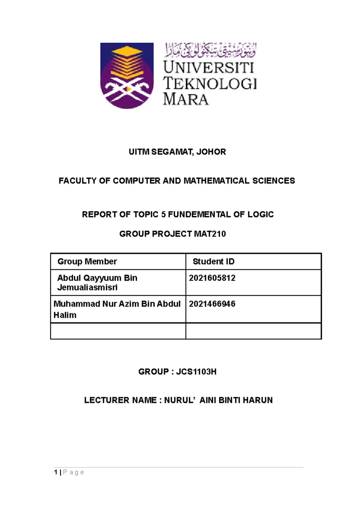 Report Draf - null - UITM SEGAMAT, JOHOR FACULTY OF COMPUTER AND ...