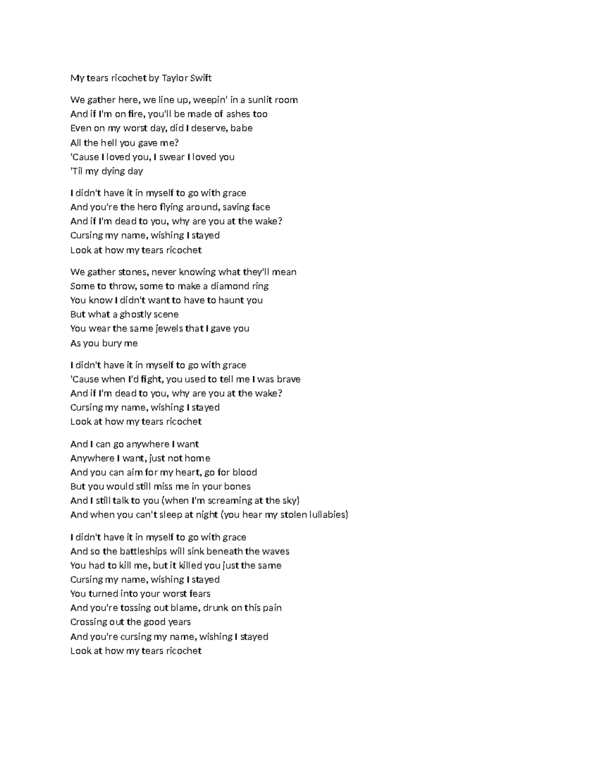 Folklore track number 5 - My tears ricochet by Taylor Swift We gather ...