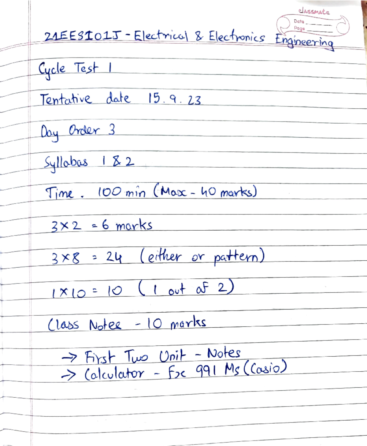 Eee notes new - Cycle TestI 24EESIoLJ- Electria) B Electyonics ...
