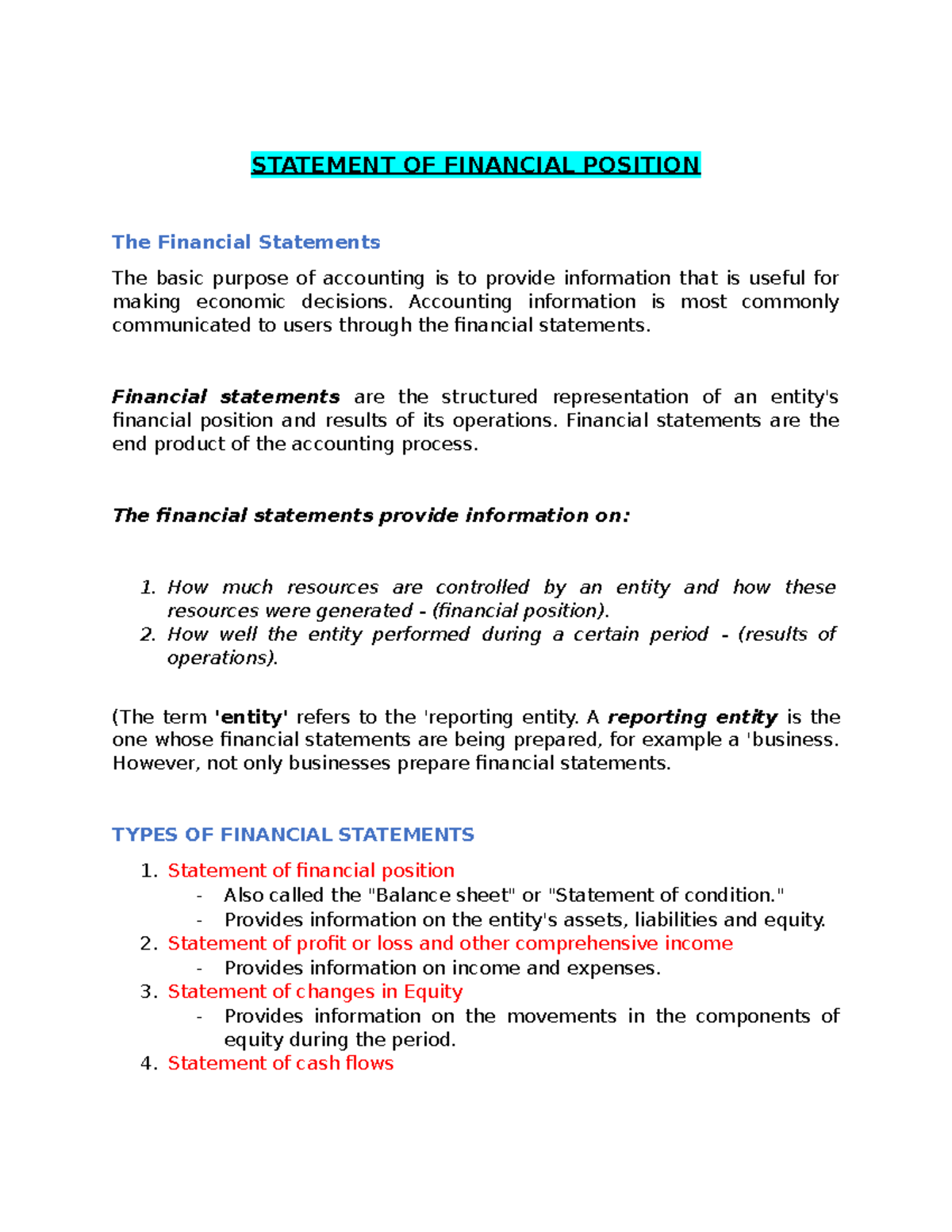 Statement OF Financial Position - STATEMENT OF FINANCIAL POSITION The ...