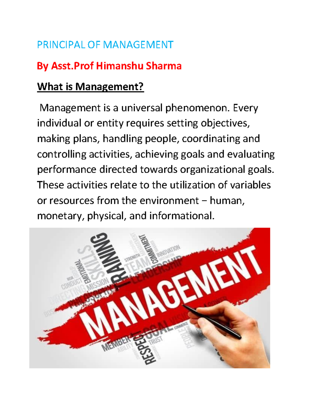 POM Notes - ####### PRINCIPAL OF MANAGEMENT ####### By Asst Himanshu ...