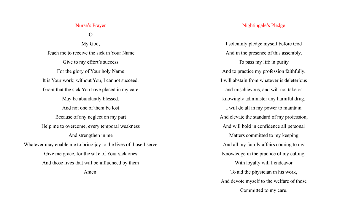 Nurse's Prayer and Pledge - Nurse’s Prayer O My God, Teach me to ...