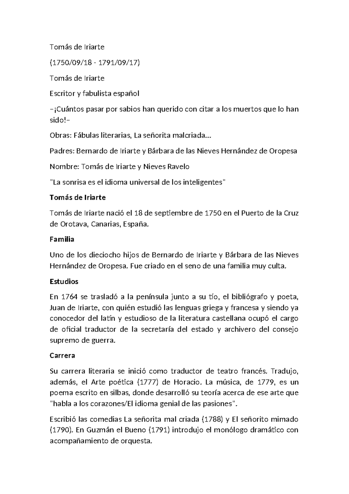 Biografia de tomas iriarte - Tomás de Iriarte (1750/09/18 - 1791/09/17 ...