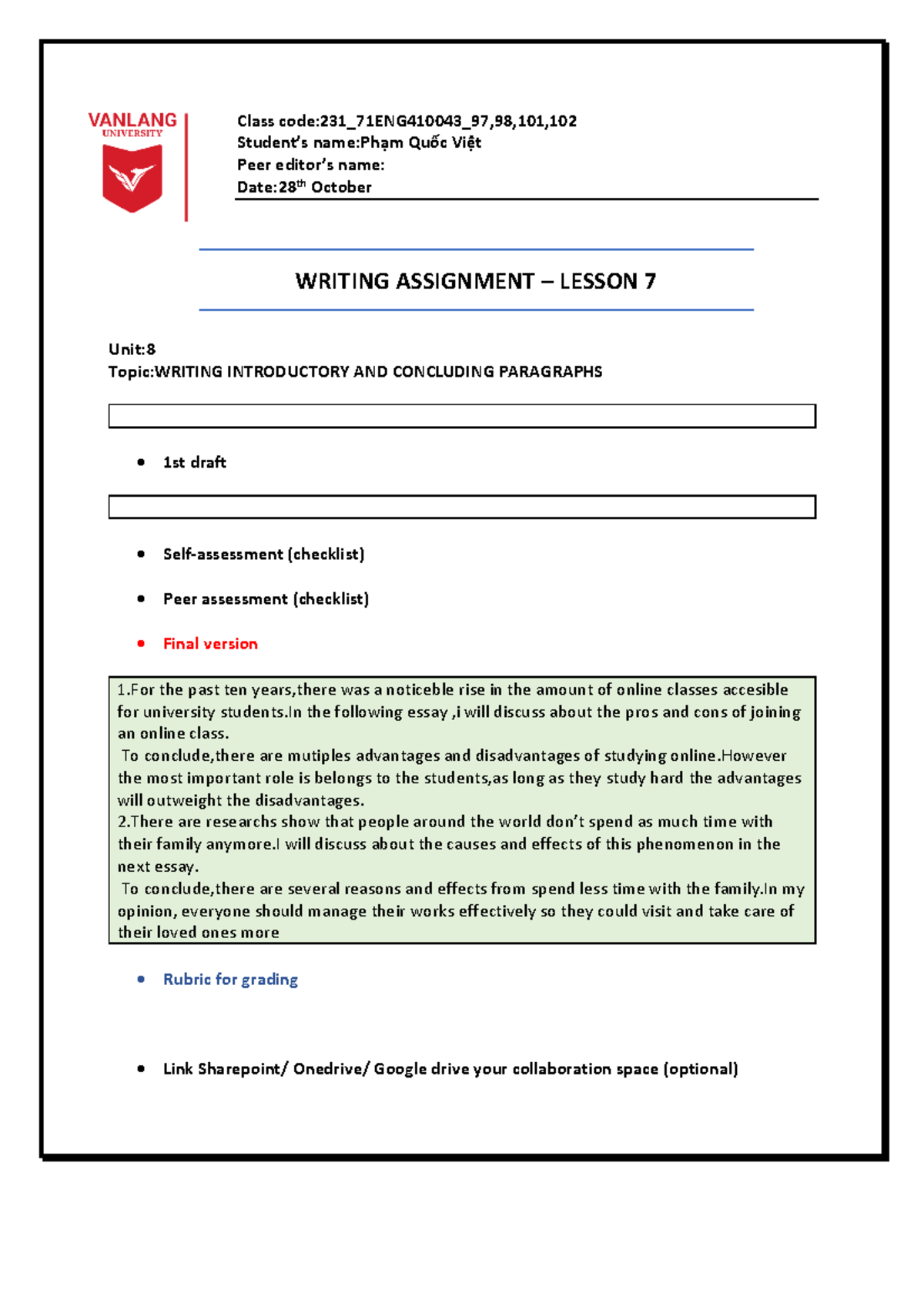 Template Writing assignment - Class code: 231 _71ENG410043_97,98,101 ...