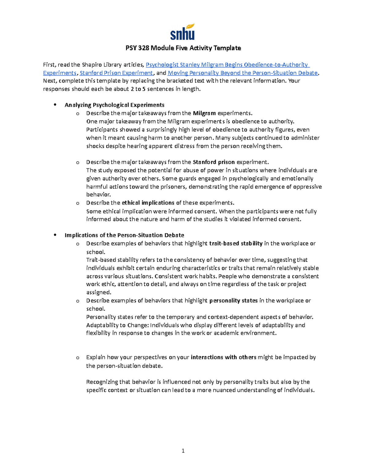 PSY 328 Module Five Activity Template - PSY 328 Module Five Activity Template First, read the ...