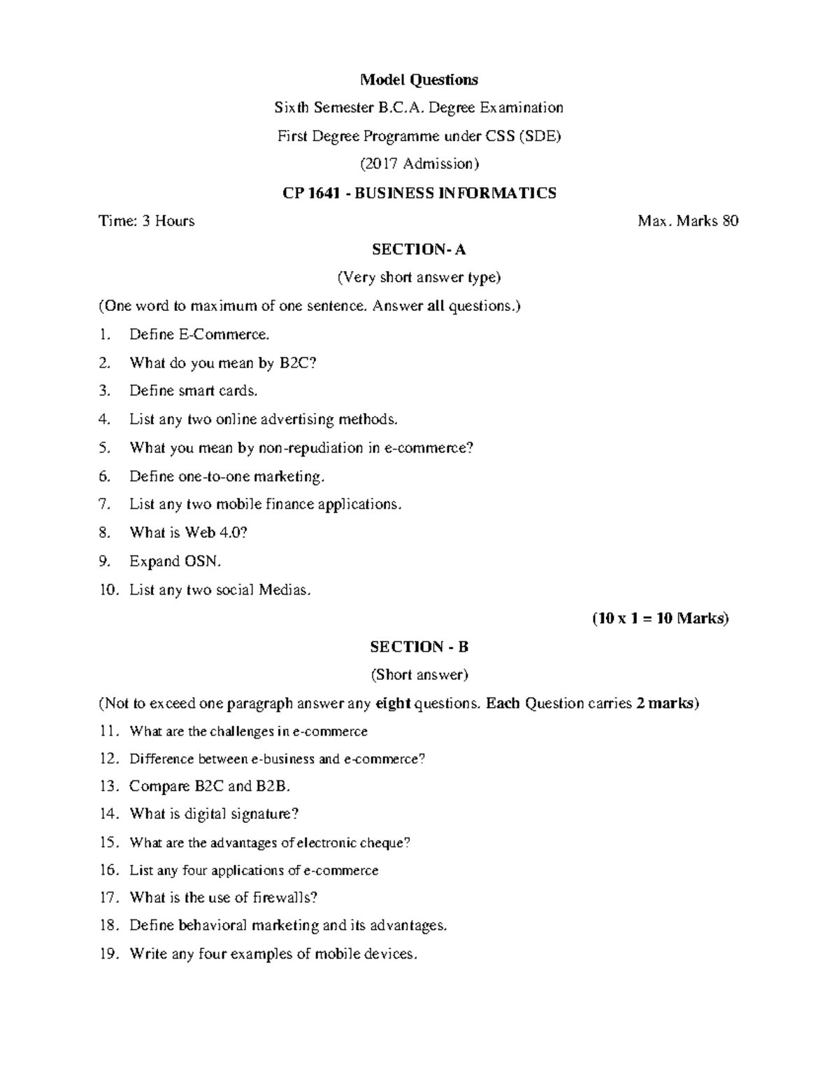 QPCP164145 6th sem question papper - Model Questions Sixth Semester B.C. Degree Examination ...