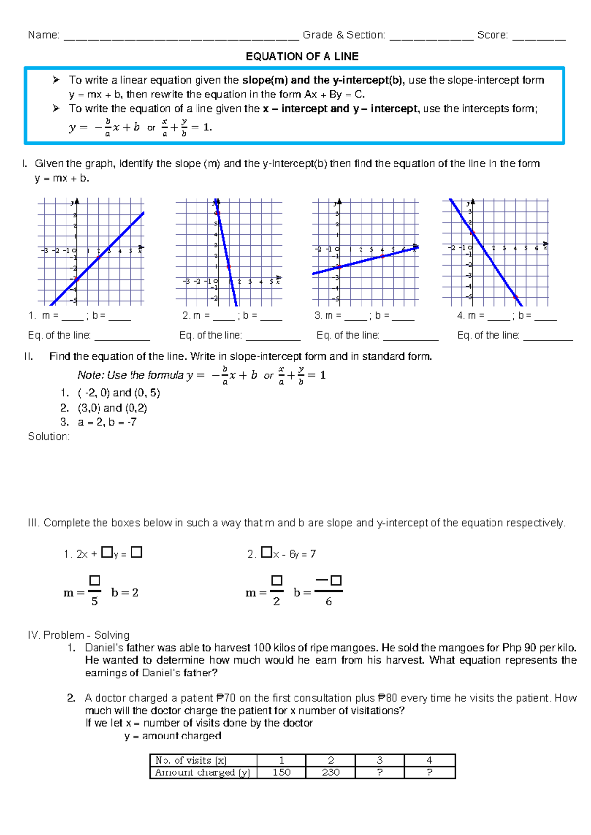 Equation OF A LINE Given Slope AND Y Intercept AND Intercepts - −3 −2 − ...