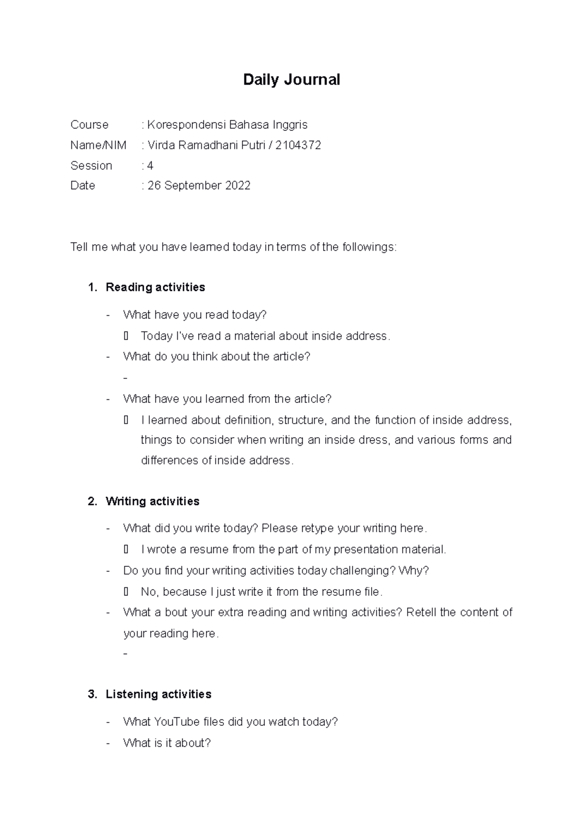 Daily journal at English Course to reflect student's understanding ...