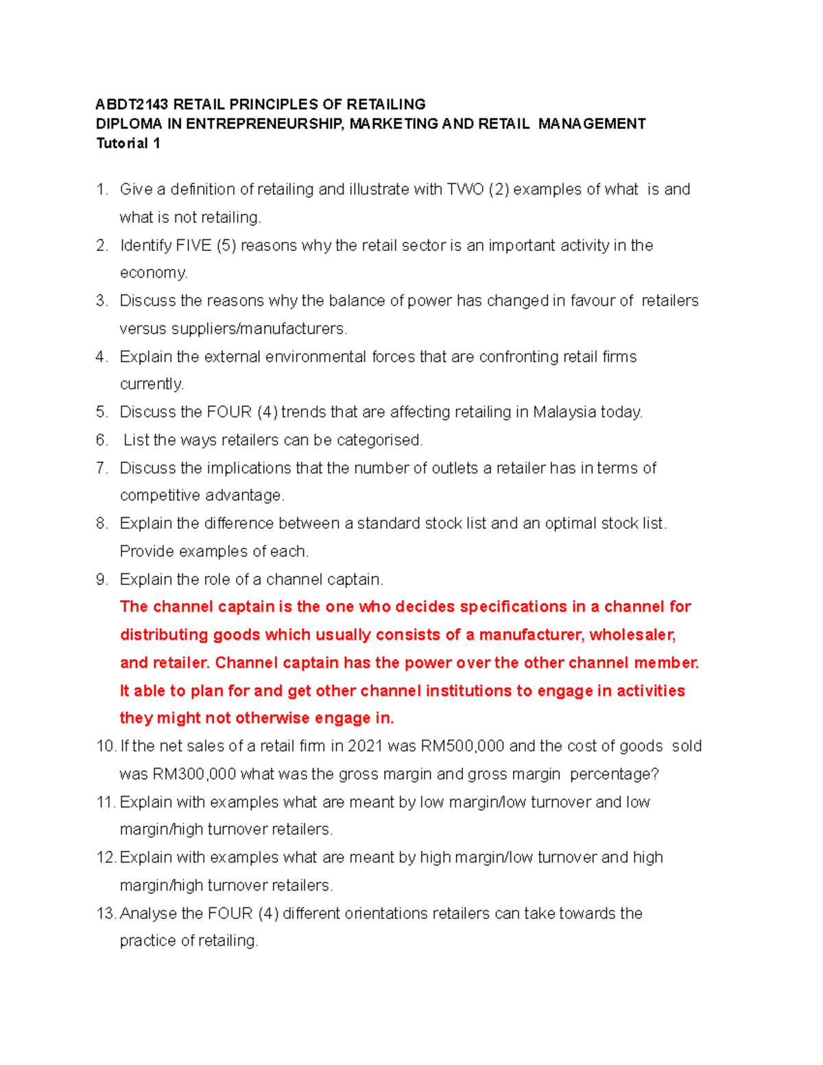 2022 PRM Tutorial 1 Questions 13q introduction - ABDT2143 RETAIL ...