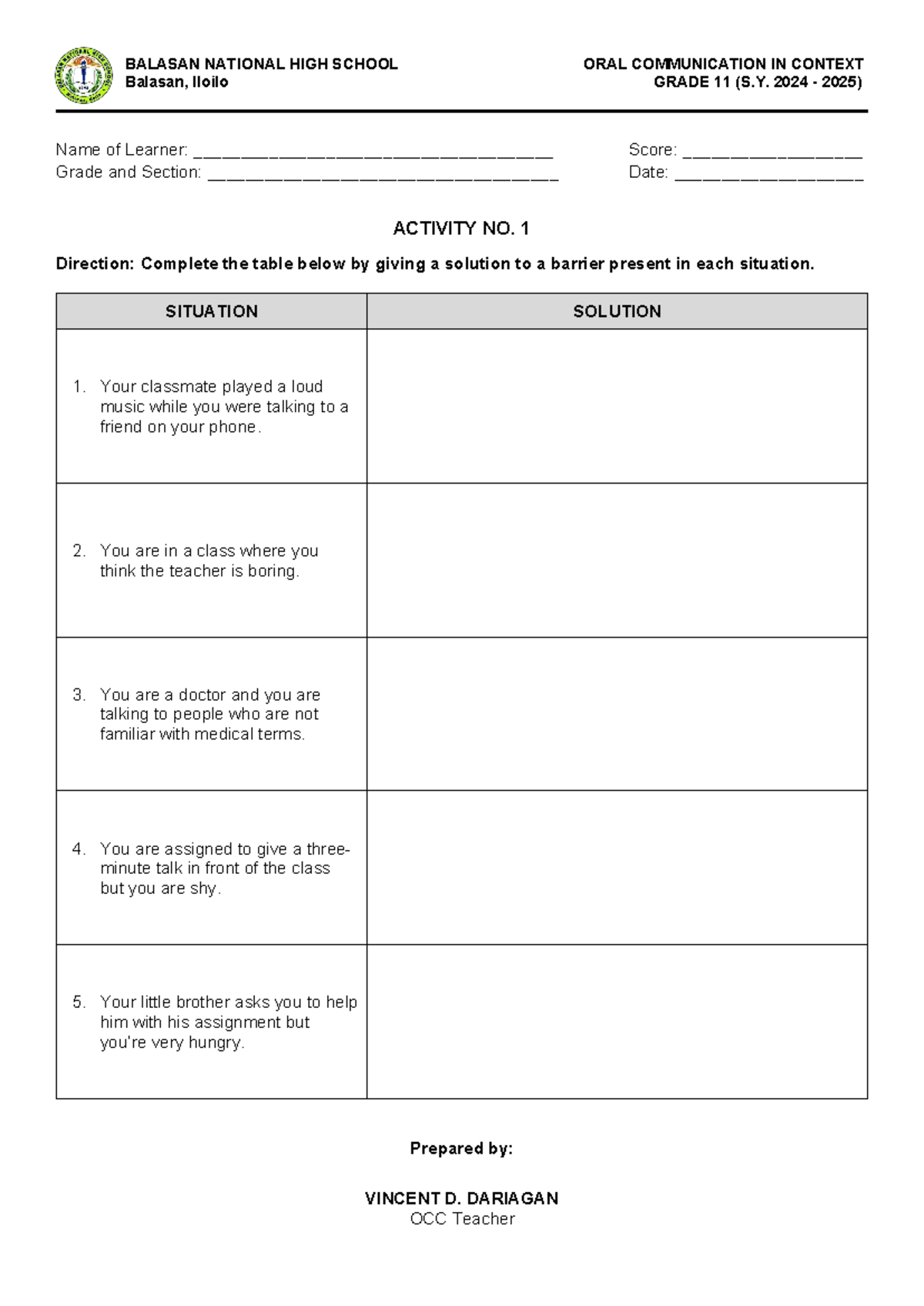 Activity IN OCC (WEEK 1) - BALASAN NATIONAL HIGH SCHOOL ORAL ...