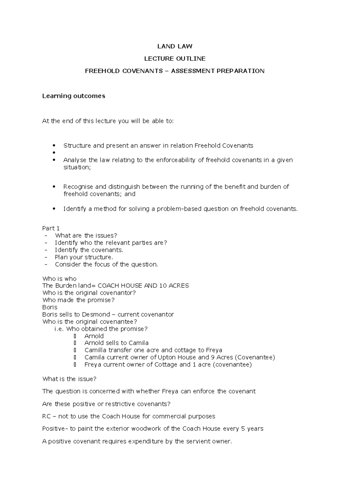 Lecture 22 - Freehold Covenants - Assesment Preparation - LAND LAW ...