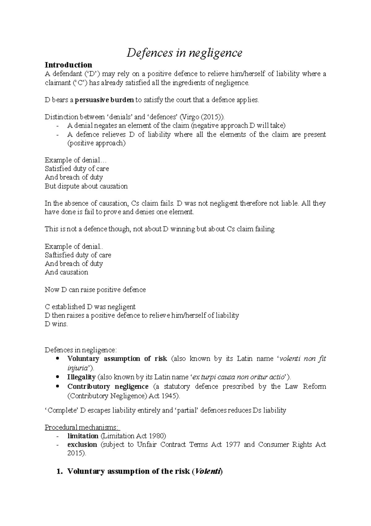 Law of Tort - defences in negligence - Defences in negligence ...
