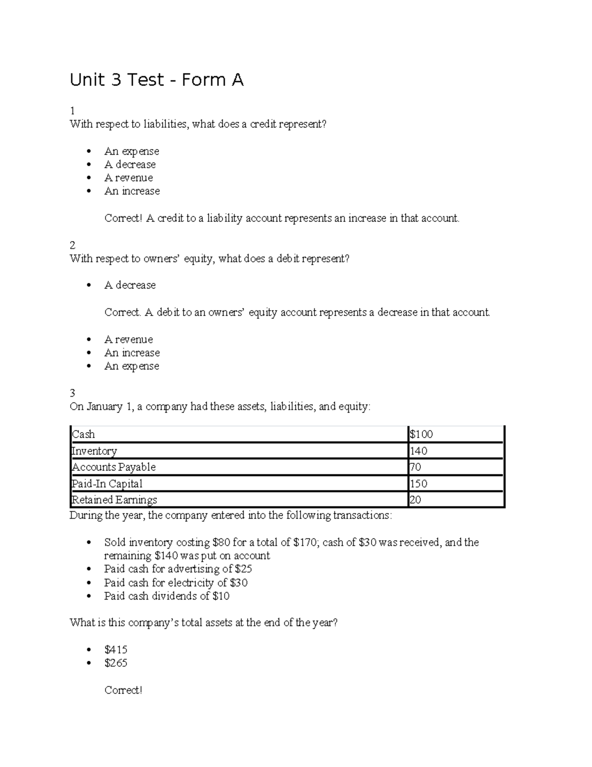 Unit 3 Test - Unit 3 knowledge assessment - Unit 3 Test - Form A 1 With ...