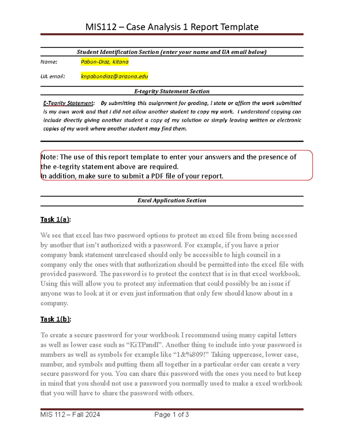 CA1 Template - MIS112 – Case Analysis 1 Report Template Student Identification Section (enter ...