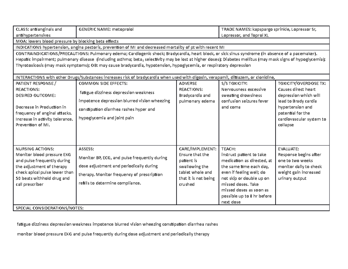 Metoprolol Med Card - Med cards in class are used to go indepth of ...