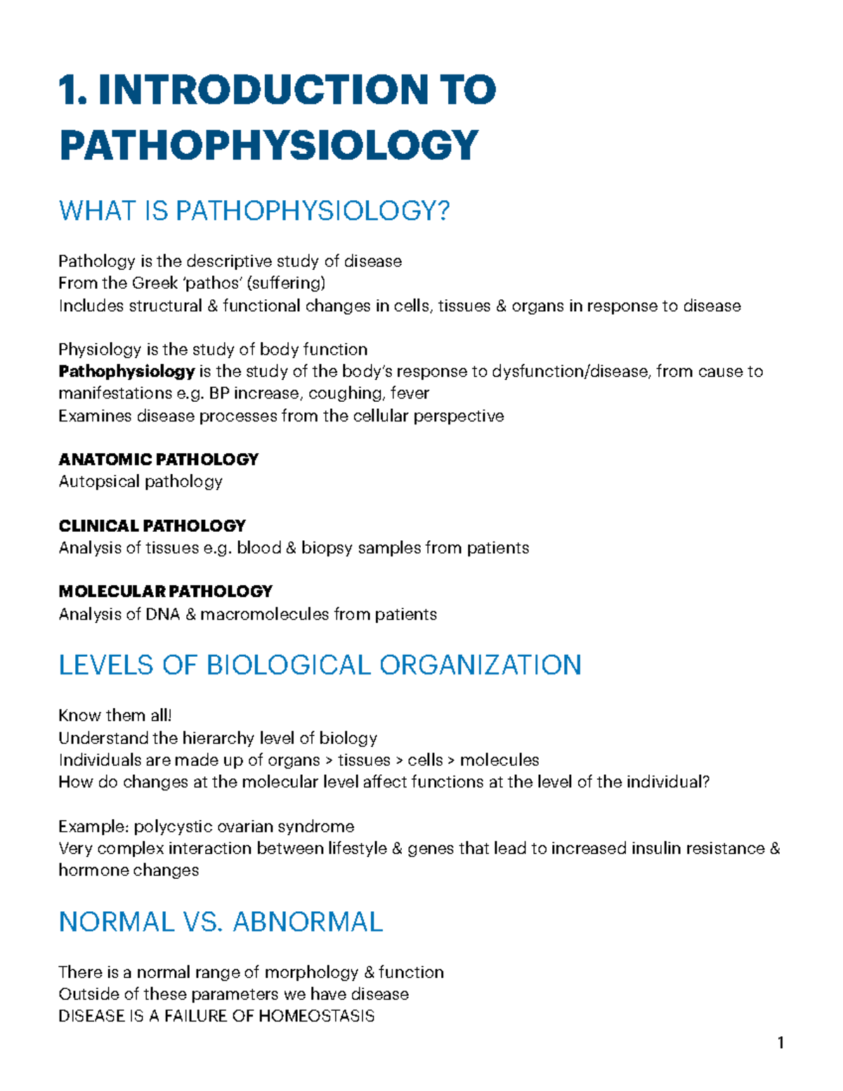 BIOL 2192 Midterm 1 - 1. INTRODUCTION TO PATHOPHYSIOLOGY WHAT IS ...