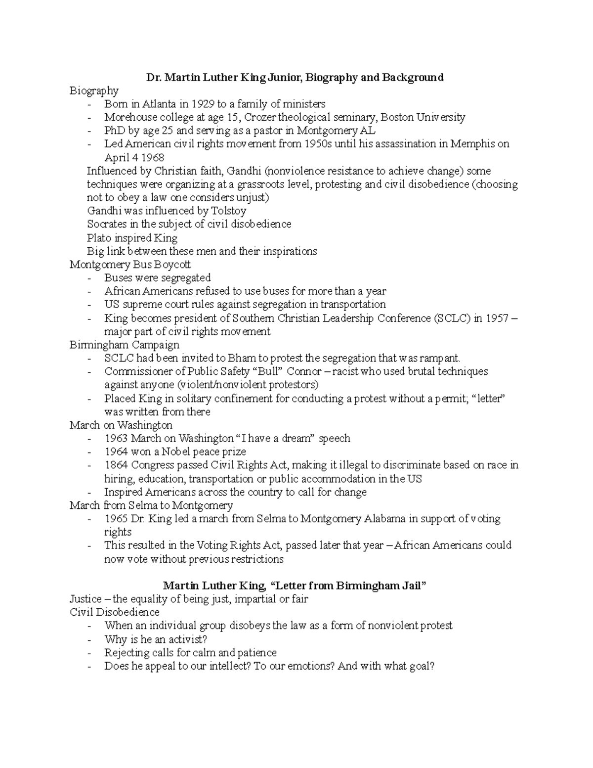 Week 3 notes - Dr. Martin Luther King Junior, Biography and Background ...