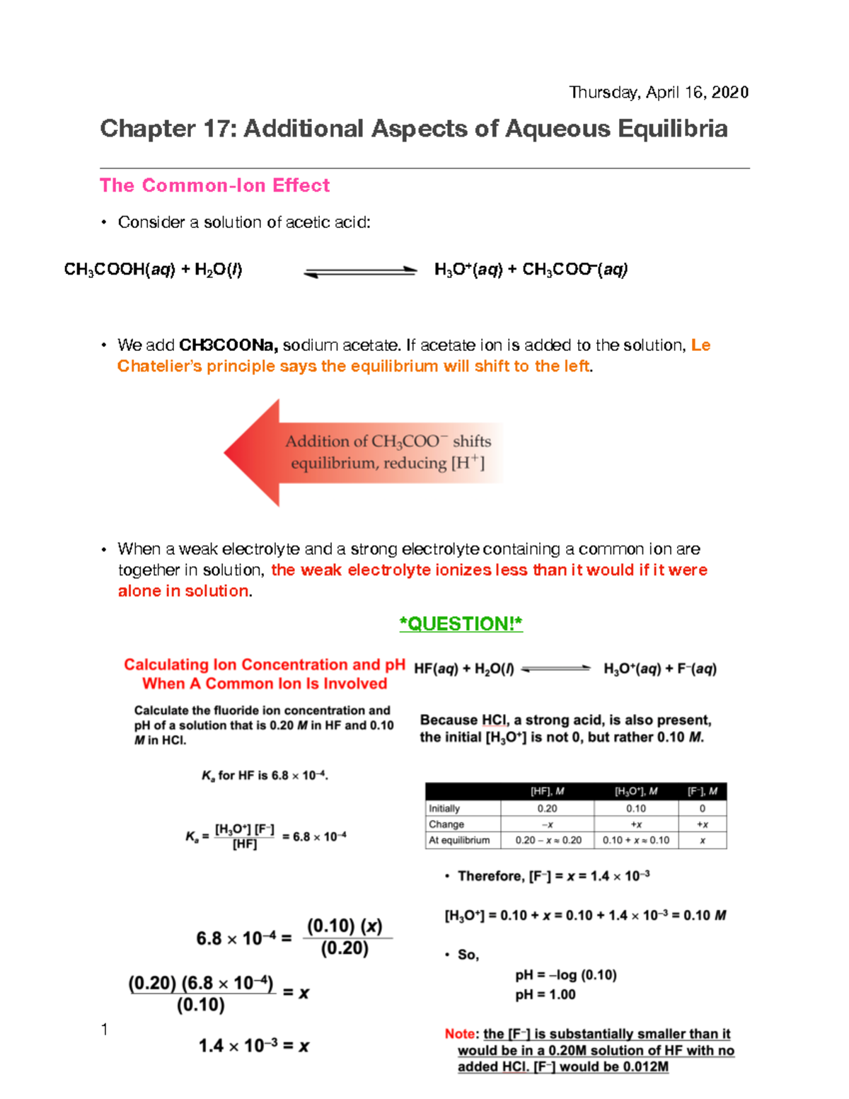 Chapter 17 notes - Chapter 17: Additional Aspects of Aqueous Equilibria ...