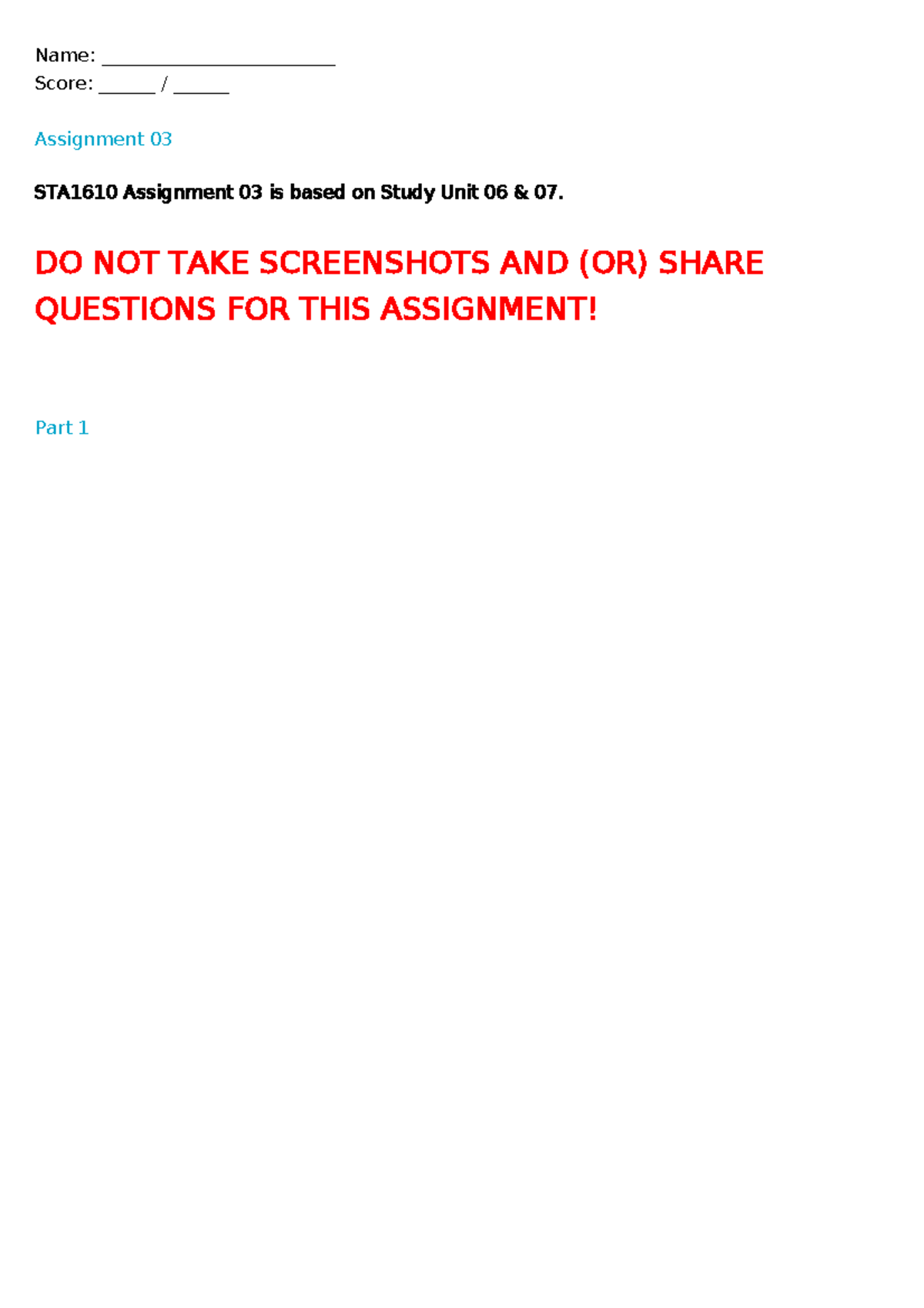 Sample Assignment 03 - SAT1610 - Name: _________________________ Score ...