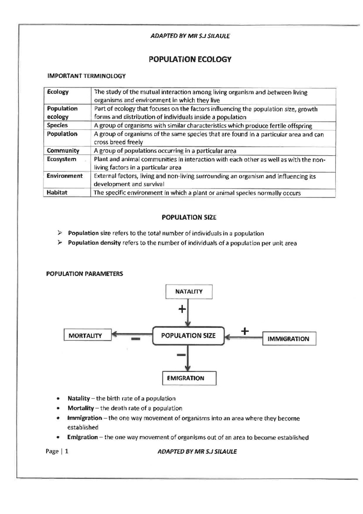 Population Ecology FULL Notes 1 - ADAPTED MR S SILAULE POPULATION ...