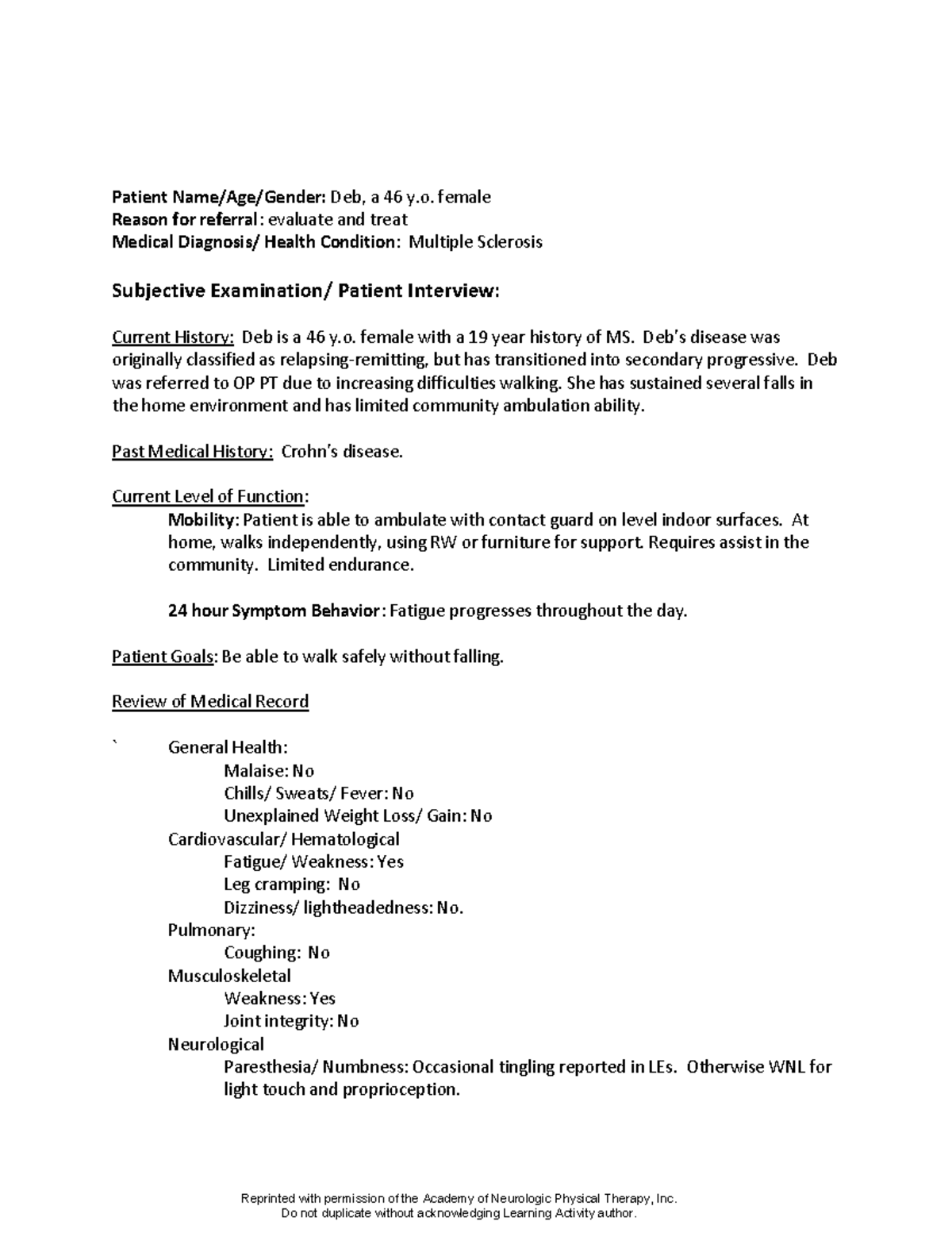 Intervention case study 4 - Patient Name/Age/Gender: Deb, a 46 y ...