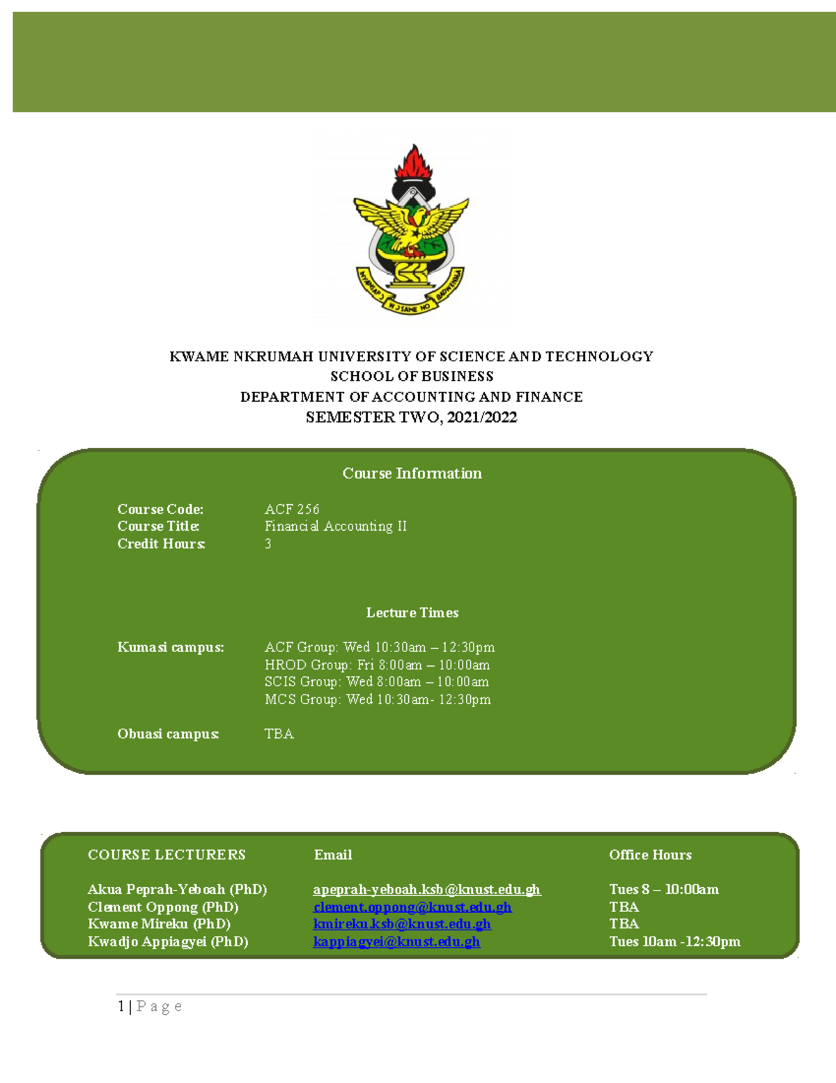 Course Outline ACF 256 - KWAME NKRUMAH UNIVERSITY OF SCIENCE AND ...