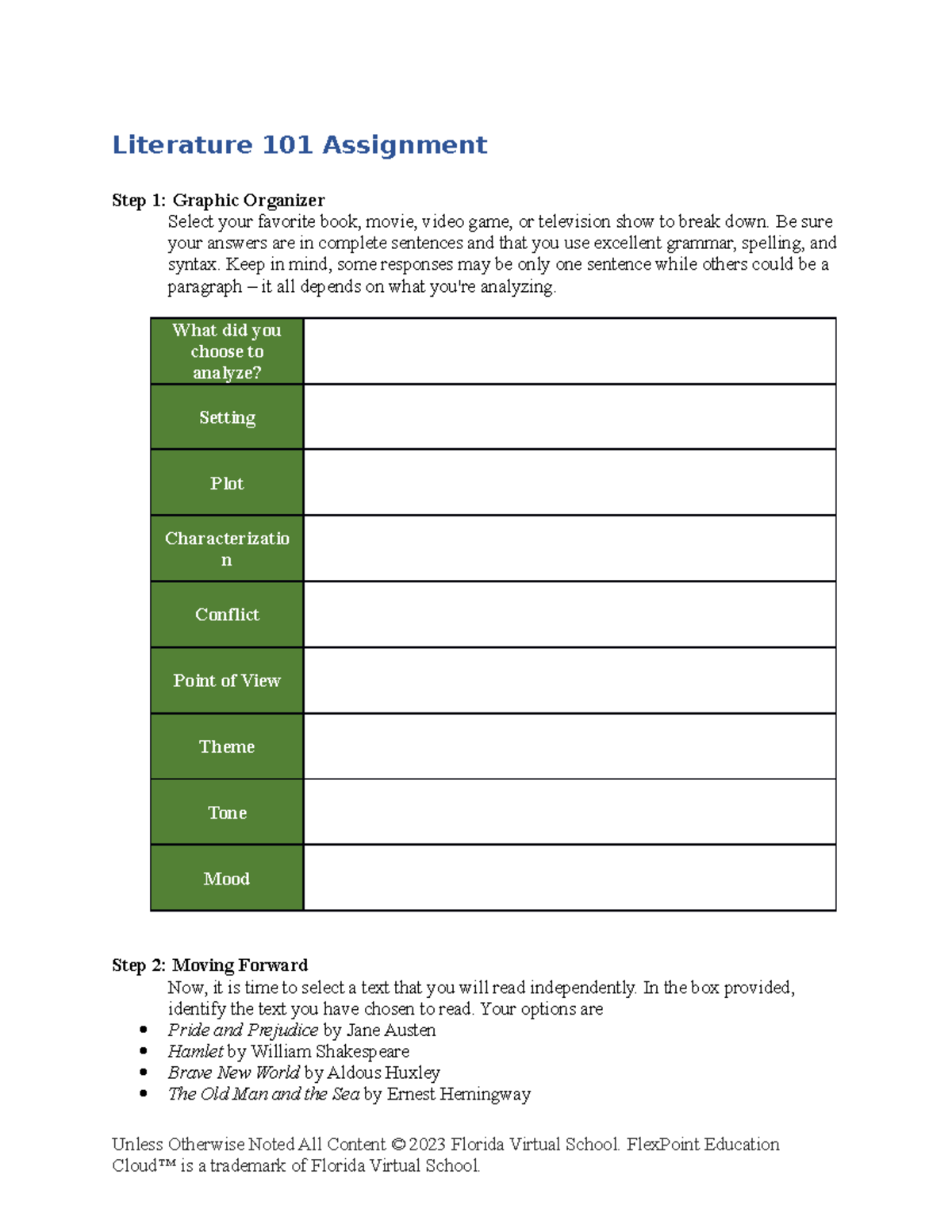 02 01 literature 101 - ... - Literature 101 Assignment Step 1: Graphic ...