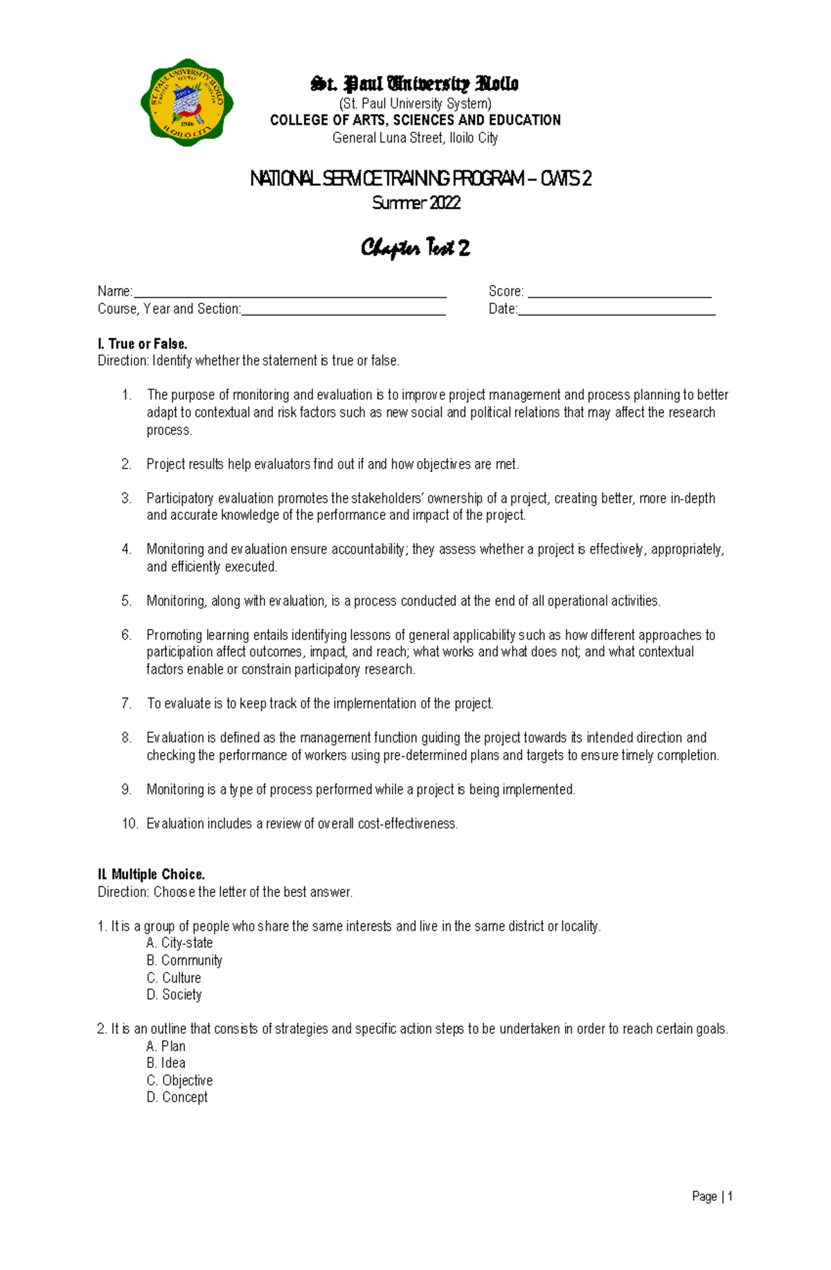 Chapter Test 2 - Practice Material - (St. Paul University System ...