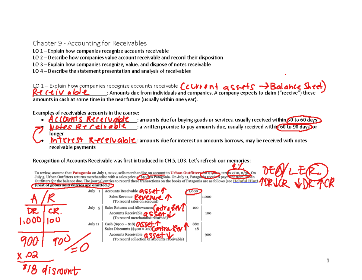 Chapter 9 Notes - Chapter 9 - Accounting for Receivables LO 1 – Explain ...