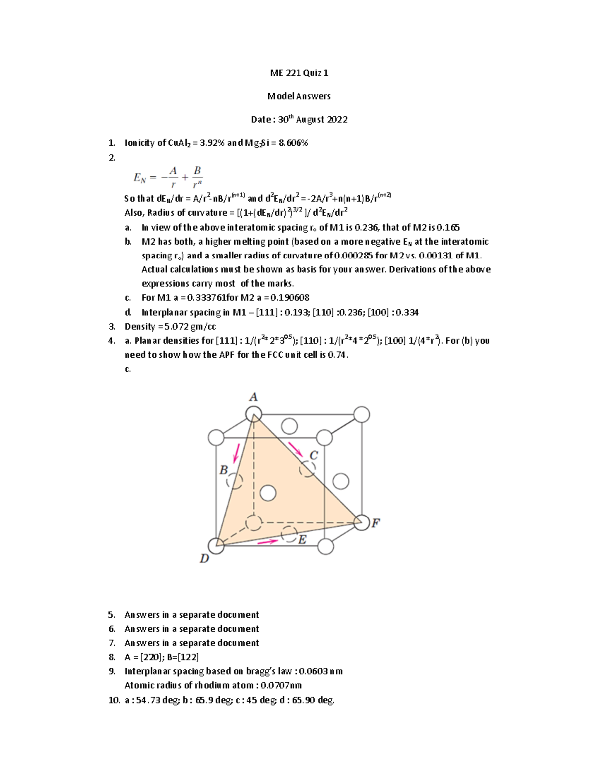 Model Solutions part 1 - ME 221 Quiz 1 Model Answers Date : 30th August ...