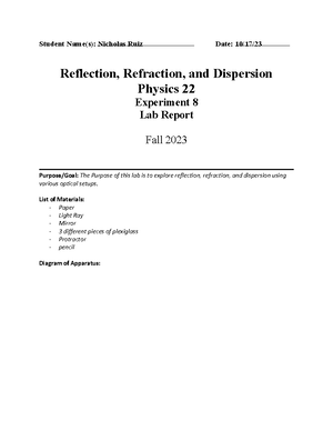 Experiment 4 - reflection and refraction - PHY 022 - Studocu