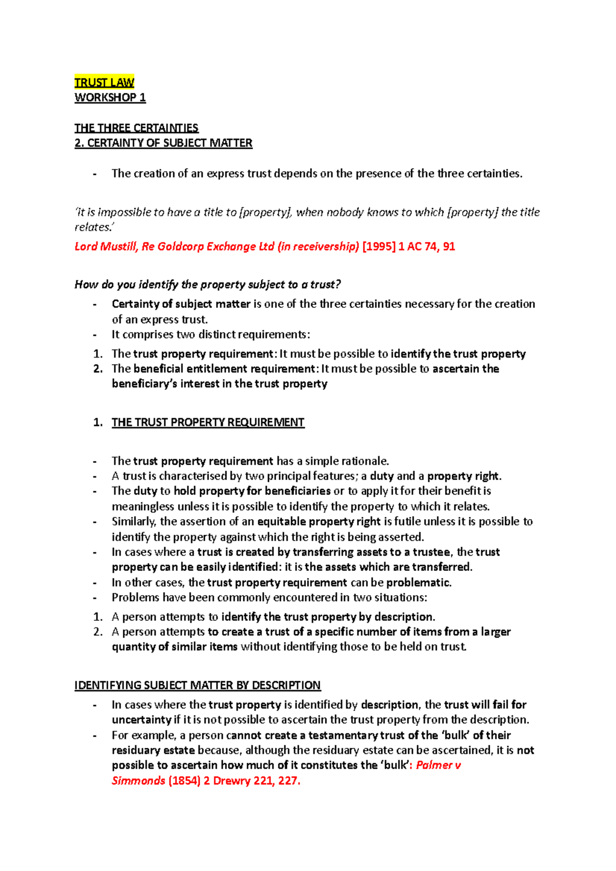Certainty OF Subject Matter - TRUST LAW WORKSHOP 1 THE THREE CERTAINTIES 2. CERTAINTY OF SUBJECT ...