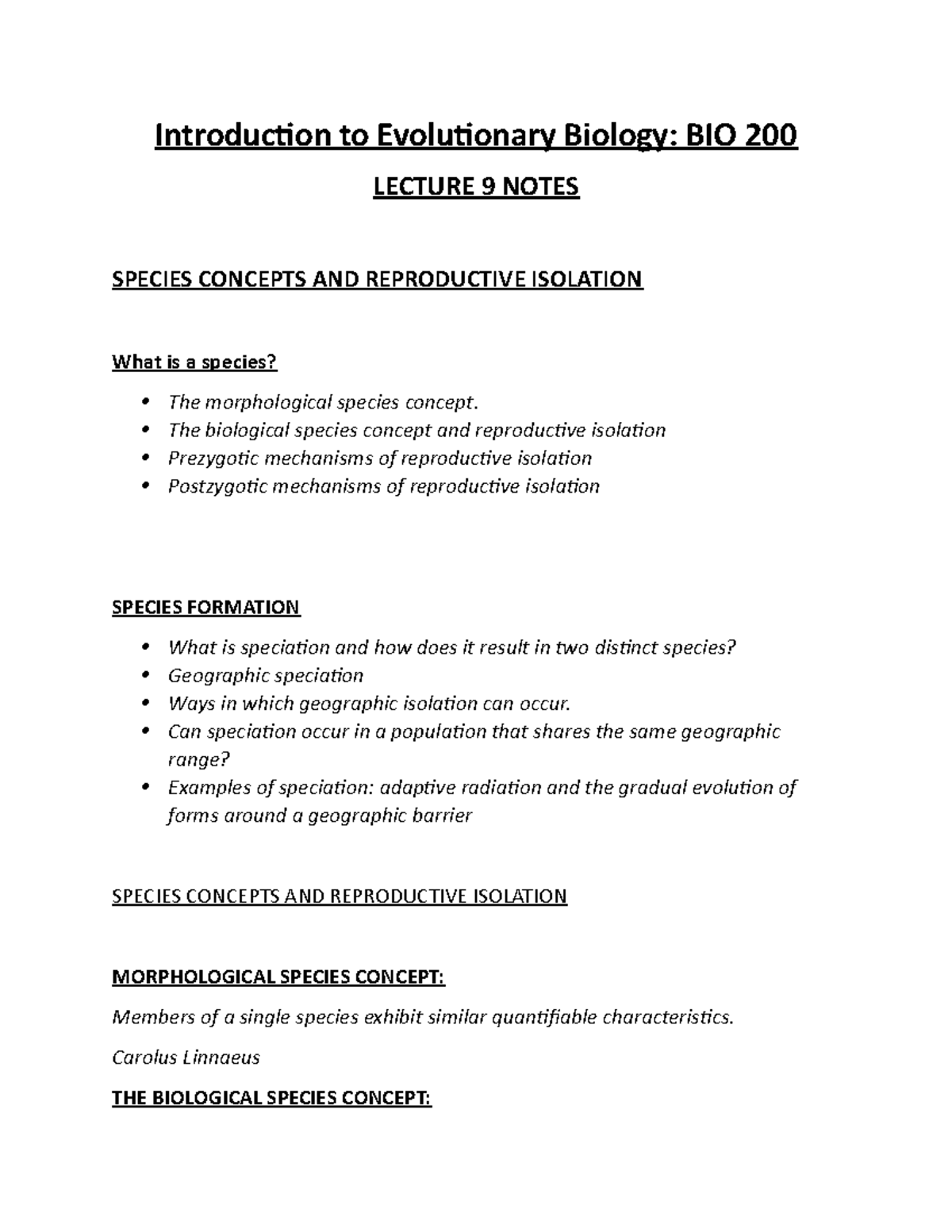 Introduction to Evolutionary Biology BIO 200 Lecture 9 - MY Notes ...