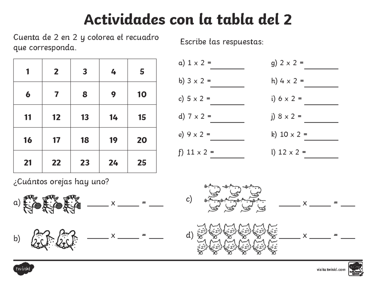 Actividades Tablas DE Multiplicar - Cuenta de 2 en 2 y colorea el ...