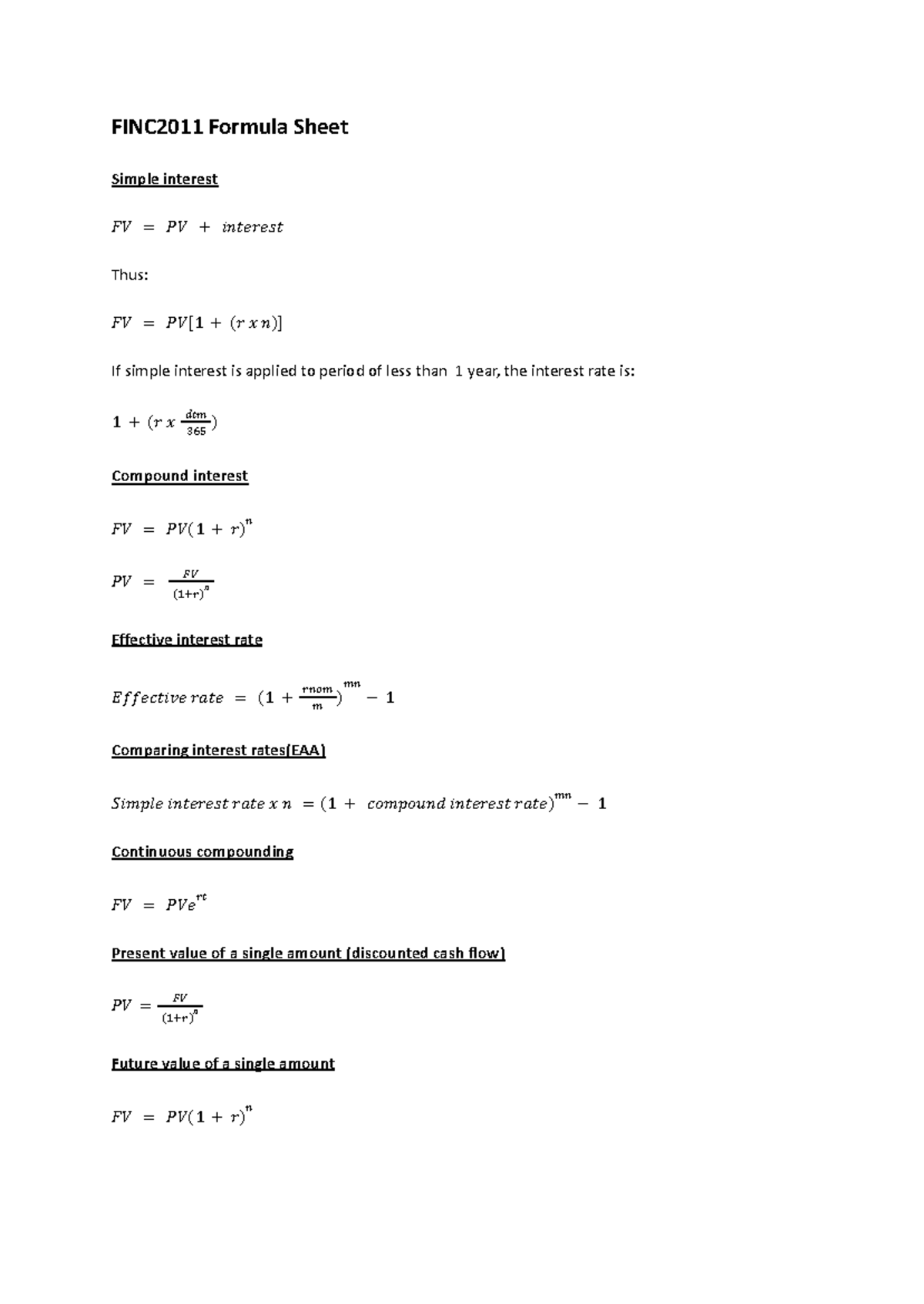 Finc2011 formula sheet 1 - FINC2011 Formula Sheet Simple interest 𝐹𝑉 ...