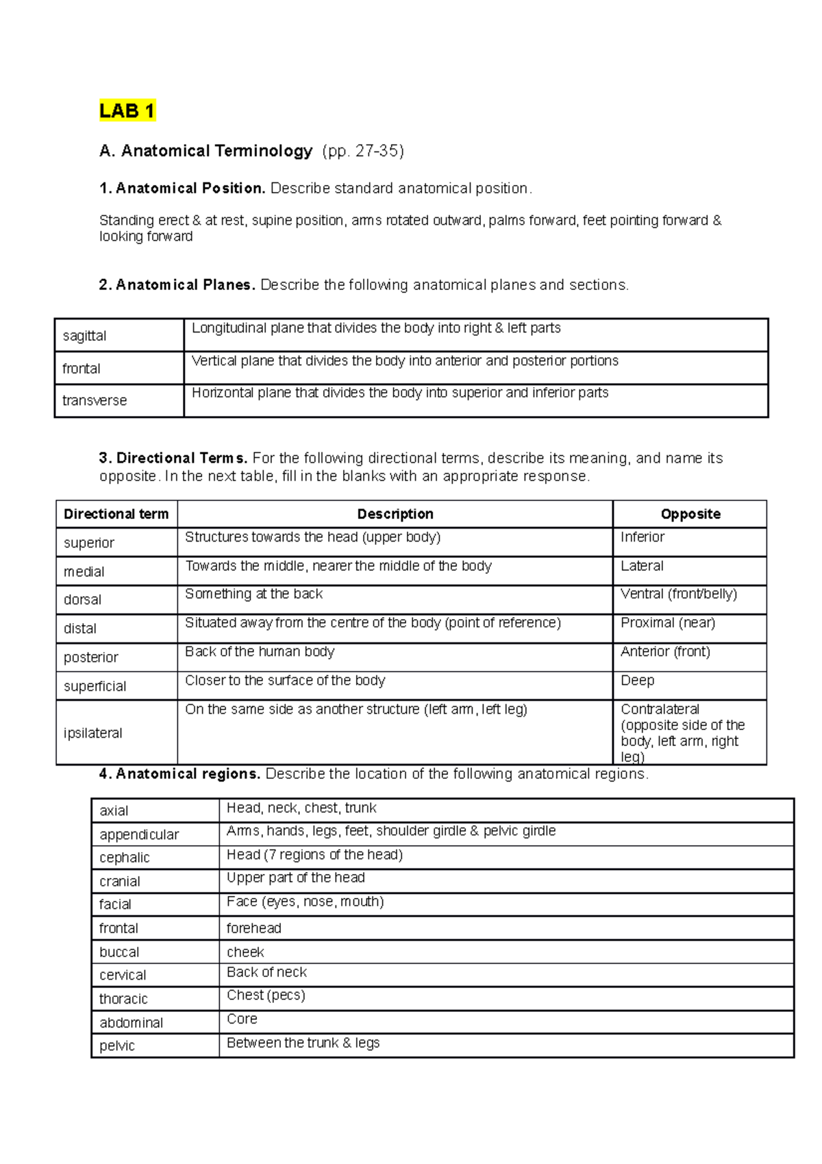 LAB Notes UNIT 1 EXAM - LAB 1 A. Anatomical Terminology (pp. 27-35) 1 ...