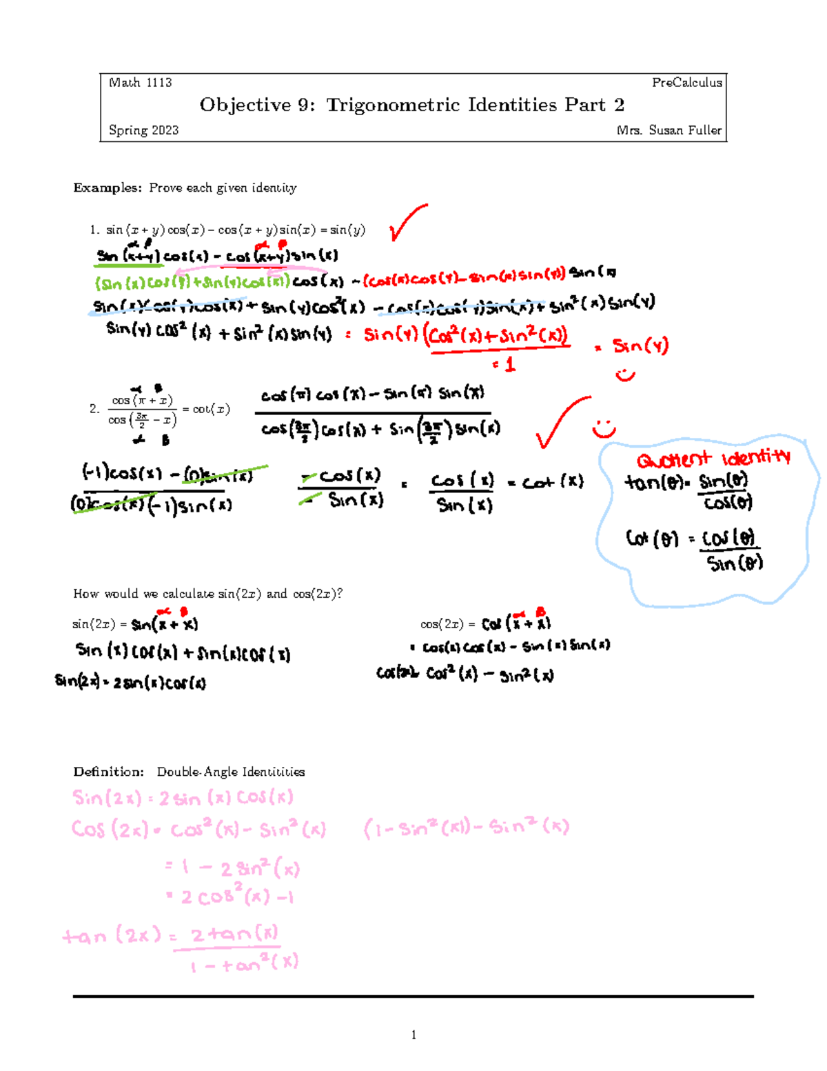 Hw9 - Notes - Math 1113 PreCalculus Objective 9: Trigonometric ...