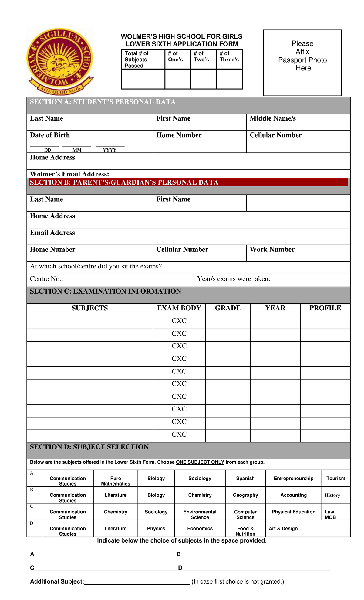 WGS Sixth Form Application 2023 - Please Affix Passport Photo Here ...